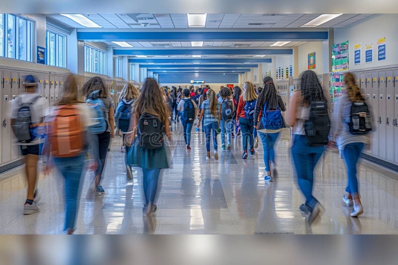 Softly Focused School Background with Students in Motion and Colorful ...