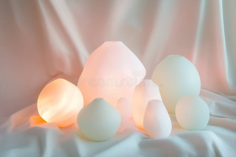Softly Glowing Decorative Objects Arranged on a White Draped Surface in ...