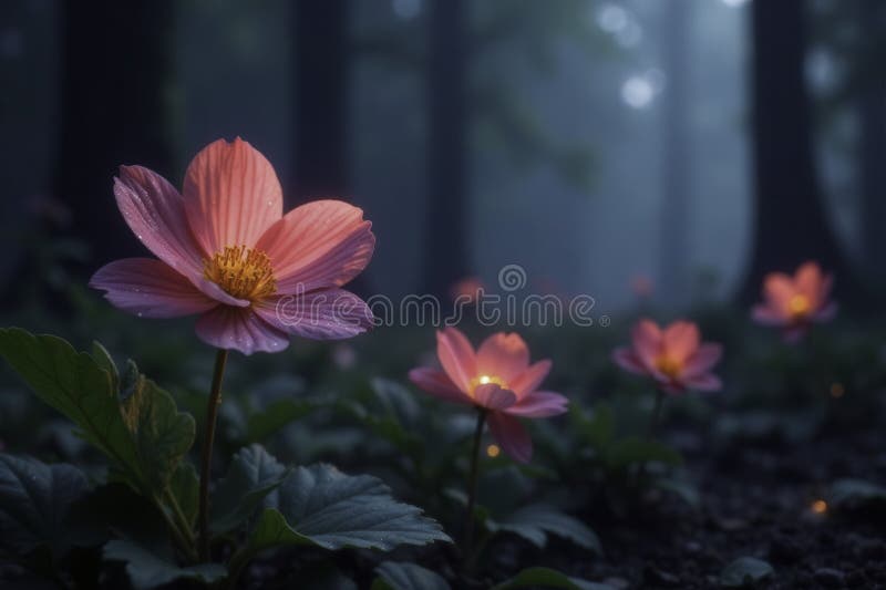 Softly Glowing Flowers with Dew Drops in Misty Forest at Night, Nature ...