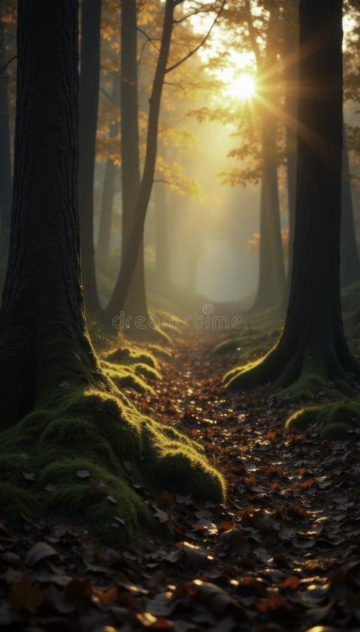 Softly Glowing Forest in Late Autumn with Golden Light, Moss, Soft ...