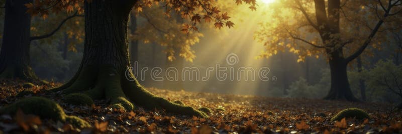 Softly Glowing Forest in Late Autumn with Golden Light, Moss, Tree ...