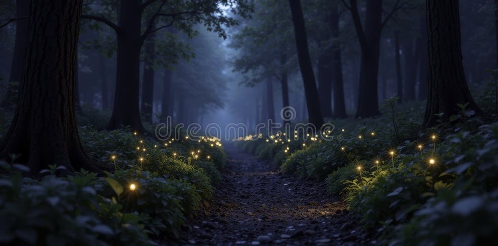 Softly Glowing Forest Plants Illuminate the Path, Nighttime Guide, Soft ...