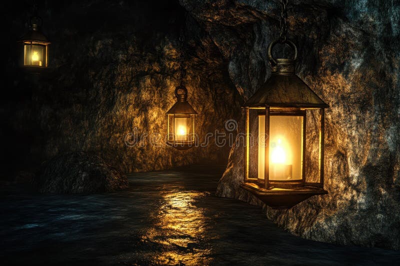 Mysterious Lanterns Illuminate a Dark Cave Reflecting on Water Surface ...