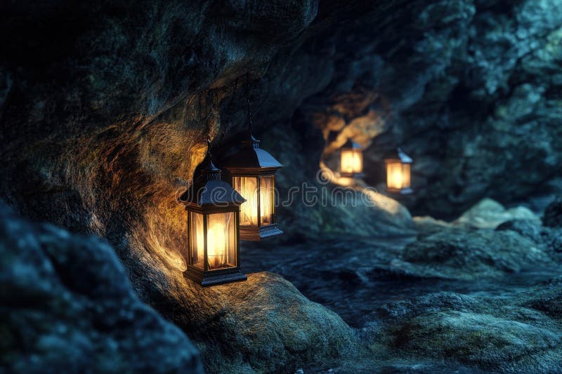 Softly Glowing Lanterns Illuminate Rocky Cave Path Night Stock Photos ...