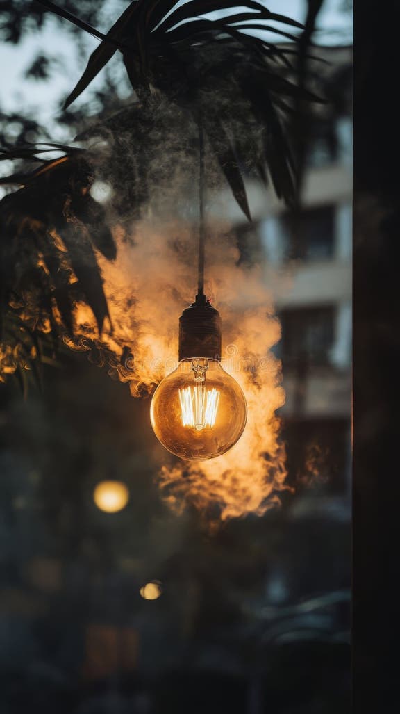 Soft Light Bulb Glowing Amidst Swirling Smoke in a Cozy Indoor Setting ...
