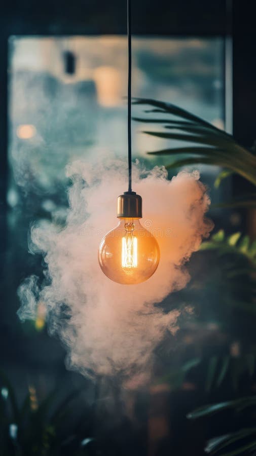 Soft Light Bulb Glowing Amidst Swirling Smoke in a Cozy Indoor Setting ...