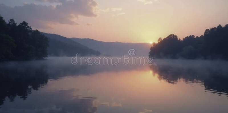 Softly Glowing Mist Rises from Lake Surface at Dusk, Water Reflection ...