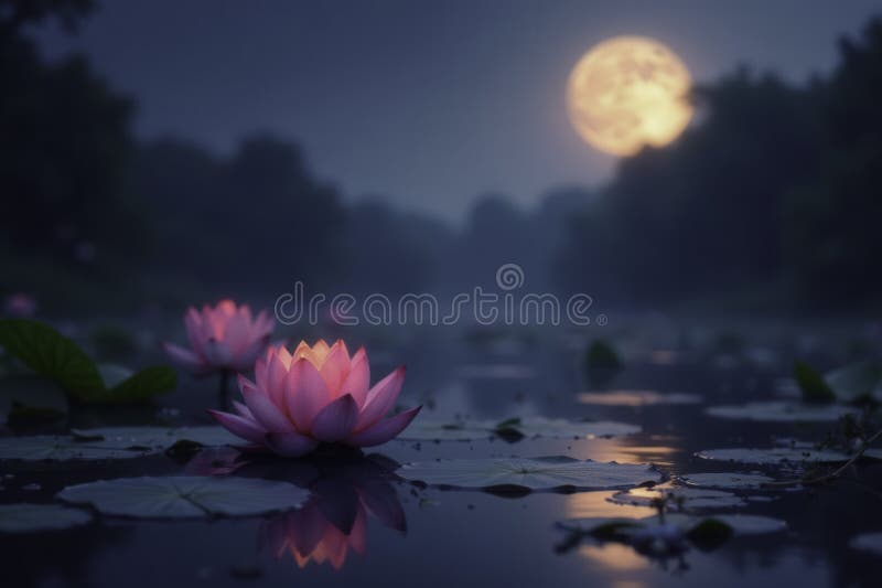 Softly Glowing Moon Casts Light on Lotus Flowers in a Tranquil Pool ...