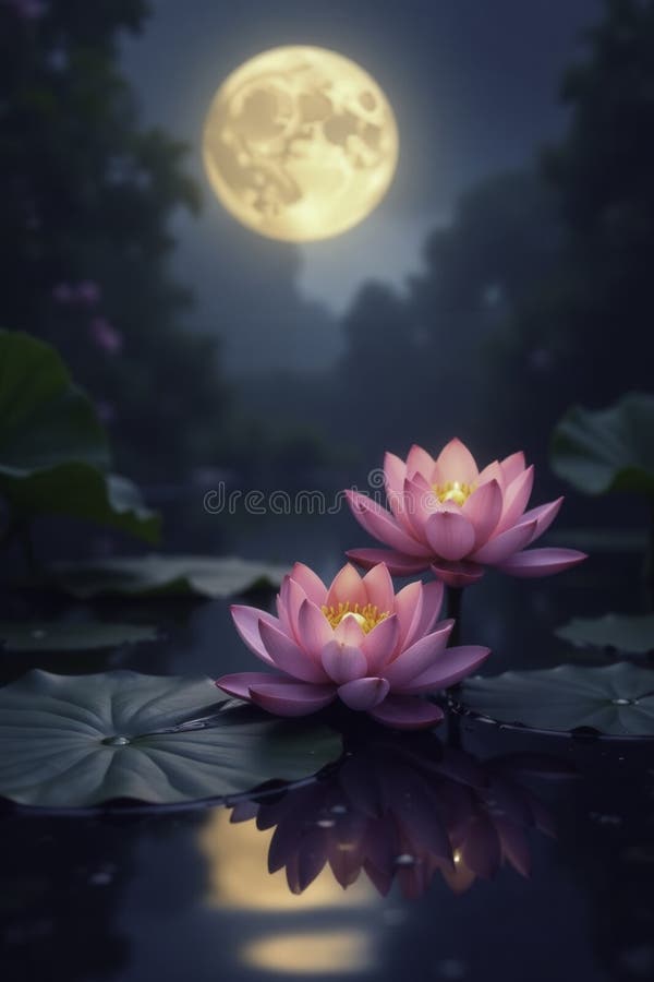Softly Glowing Moon Casts Light on Lotus Flowers in a Tranquil Pool ...