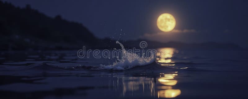 Softly Glowing Moonlight Illuminates a Gentle Splash of Water, Night ...