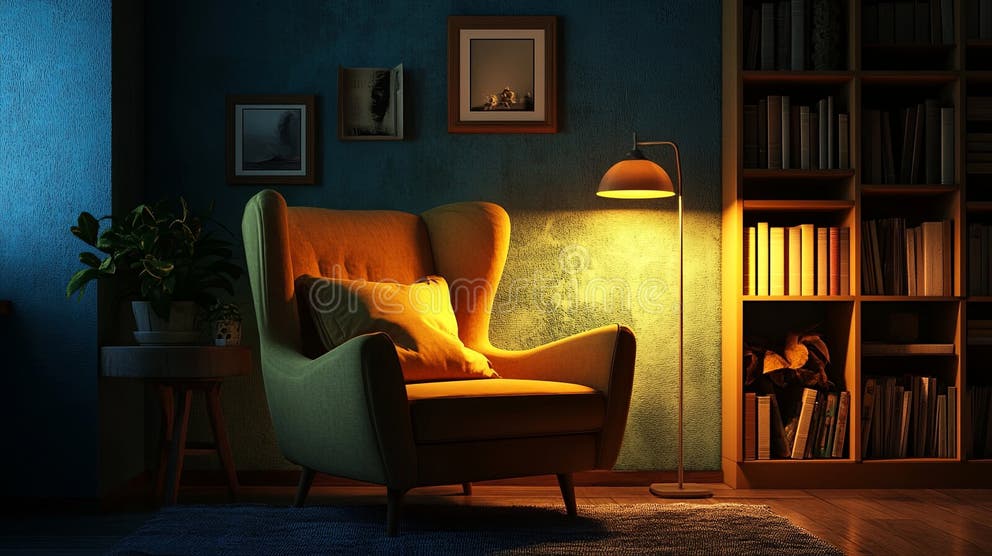 Softly Glowing Reading Corner with a Comfy Armchair. . Stock Image ...