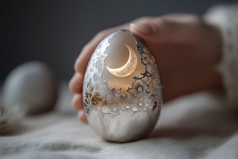 A Softly Glowing Silver Easter Egg Adorned with Detailed Lunar Phases ...