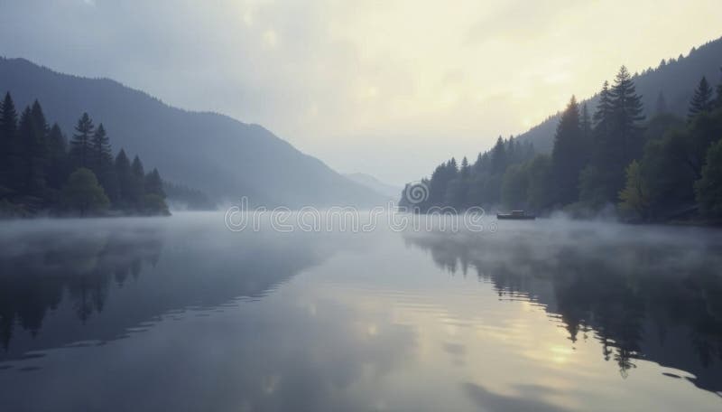 Softly Glowing Silver Mist Rises from a Peaceful Lake Surface ...