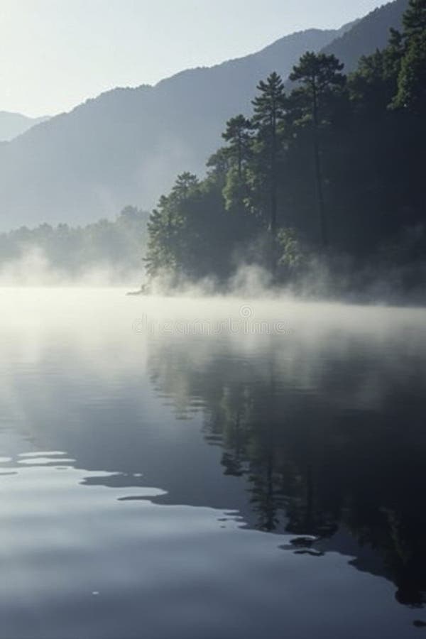 Softly Glowing Silver Mist Rises from a Peaceful Lake Surface ...