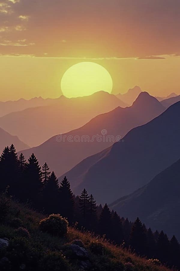 Softly Glowing Sunset Over a Serene Mountain Range, Peaceful, Sunset ...