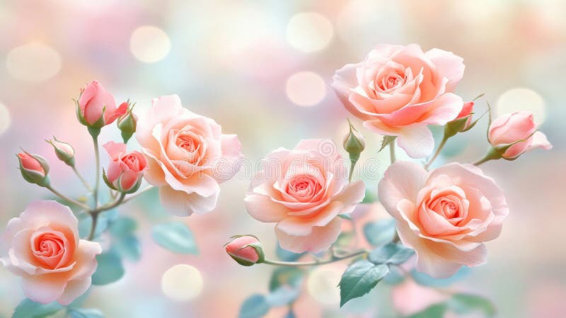 Softly Illuminated Garden during Spring with Delicate Pink Roses Stock ...