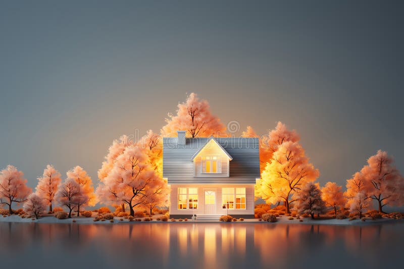 Softly Illuminated House, Minimalist Illustration, Clean Empty Backdrop ...