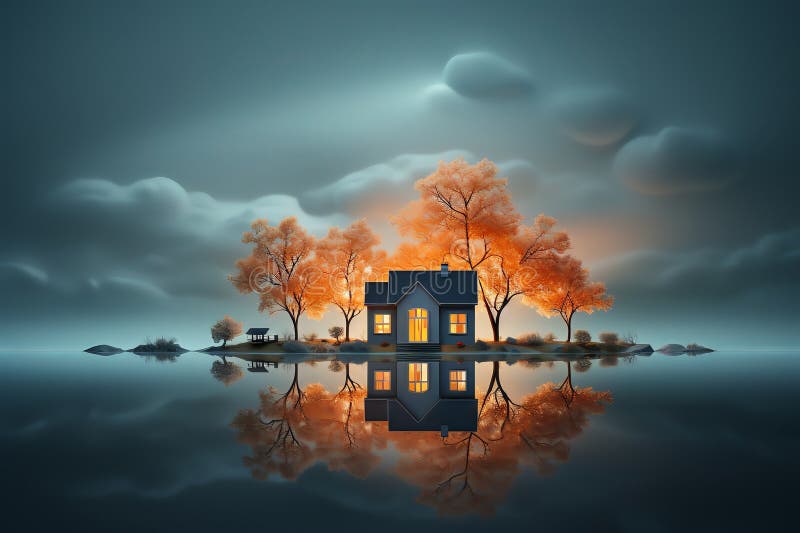 Softly Illuminated House, Minimalist Illustration, Clean Empty Backdrop ...