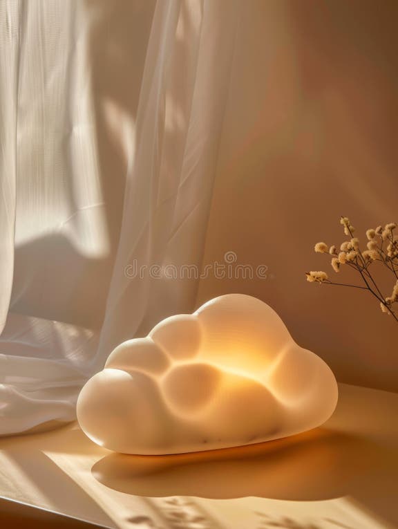 Softly Lit Cloud-shaped Lamp on a Table by a Window with a Curtain ...