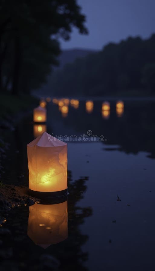 Softly Lit Lanterns Create a Sense of Calm on a Peaceful Lake, Quiet ...