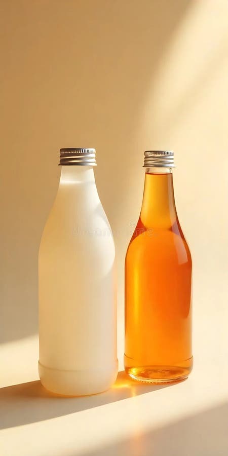Two Elegant Glass Bottles with Silver Caps, One White and One Amber ...