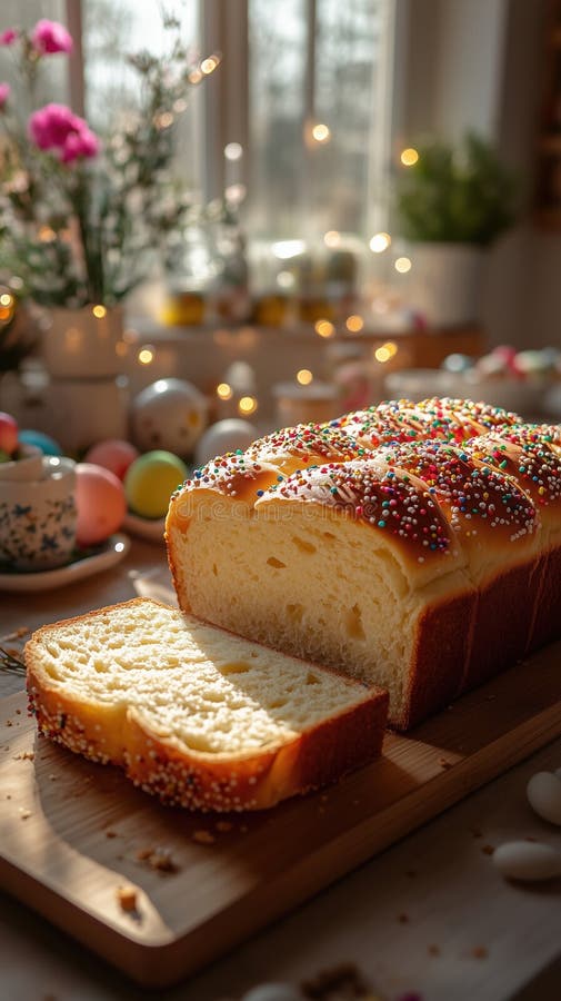 Sliced Paska Bread Reveals Soft Texture Cozy Easter Kitchen Setting ...