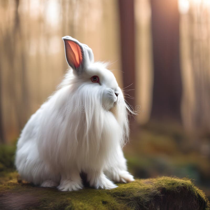 Softness and Serenity: Rare Angora Rabbit in Bright Forest Light Stock ...