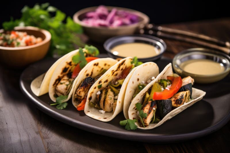 Softshell Tacos with Grilled Vegetables and Hummus on a Slate Plate ...