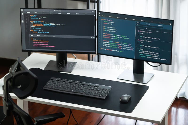 Software Application In Creating Program Code Database Job Pc Screens Gusher Stock Image