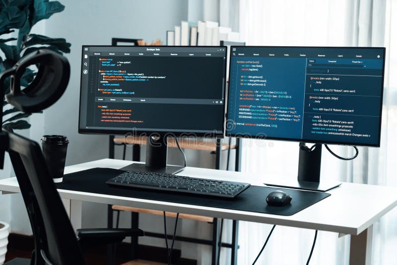 Software Application In Creating Program Code Database Job Pc Screens Gusher Stock Image