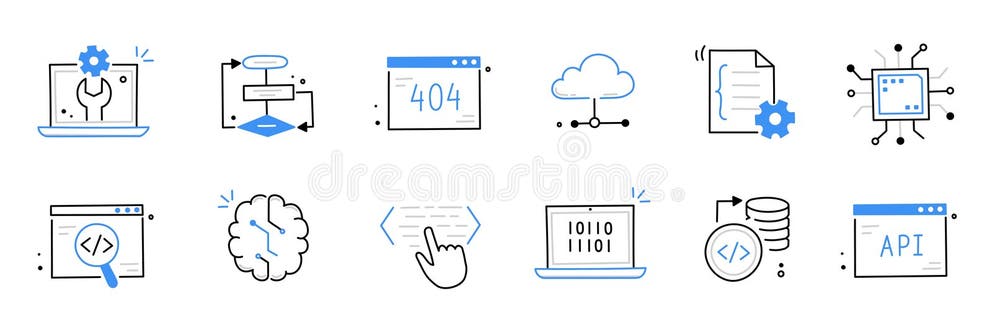 Software Code Icon Doodle Set. Hand Drawn Line Sketch Software Coding ...