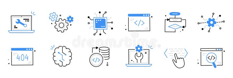 Software Code Icon Doodle Set Hand Drawn Line Sketch Software Coding Doodle Stock Vector
