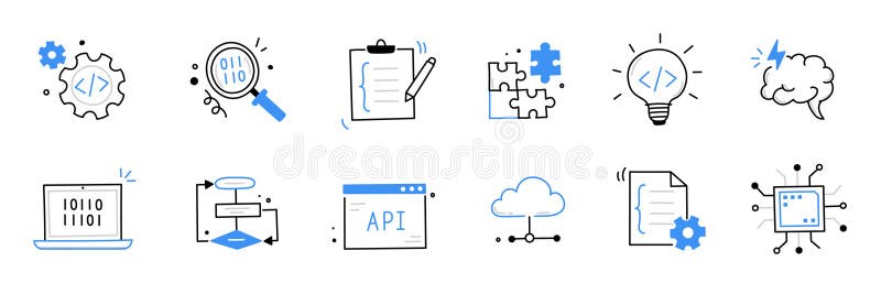 Software Code Icon Doodle Set Hand Drawn Line Sketch Software Coding