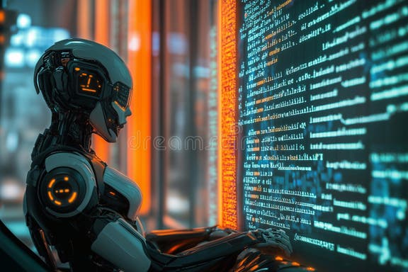 Software Coding Hologram And Woman In Data Analytics Information Technology Overlay Stock