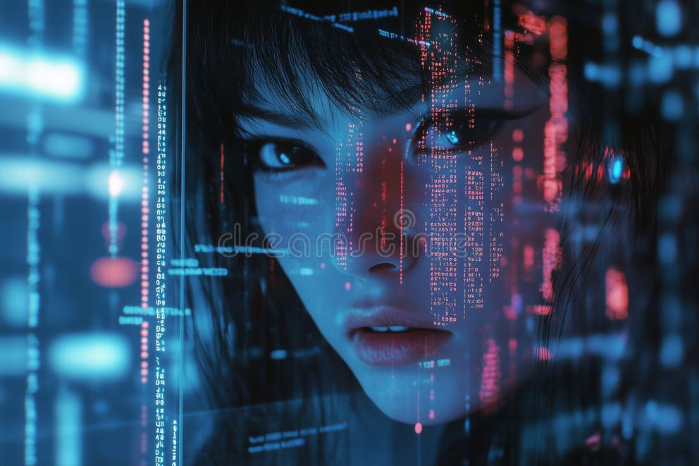 Software, Coding Hologram and Woman in Data Analytics, Information Technology Overlay Stock ...