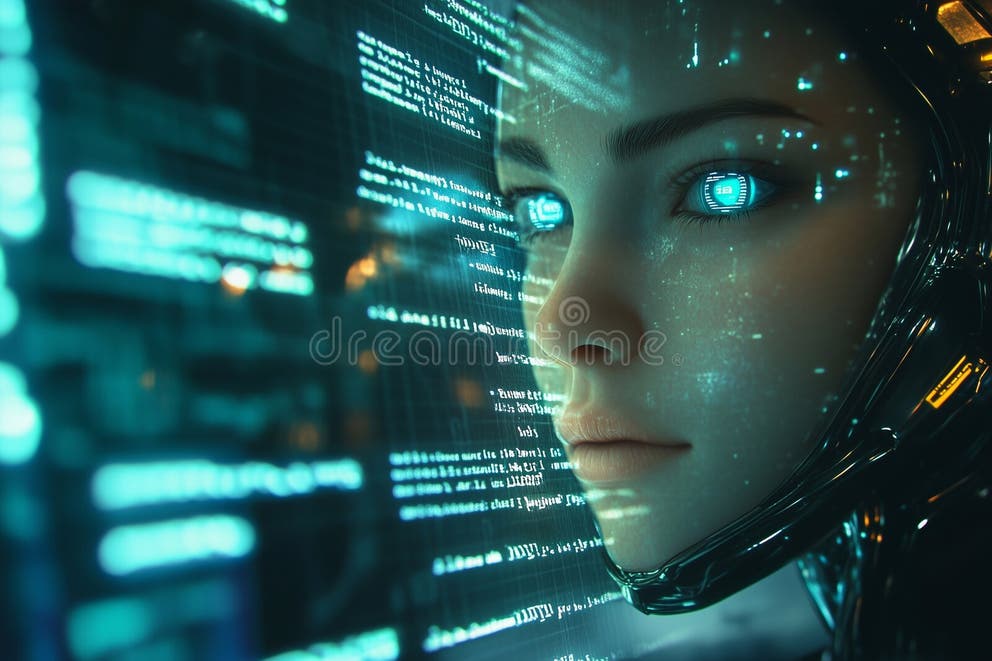 Software, Coding Hologram and Woman in Data Analytics, Information Technology Overlay. Stock ...