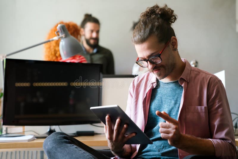 Software, Coding and Business Woman on Tablet Thinking of Data ...