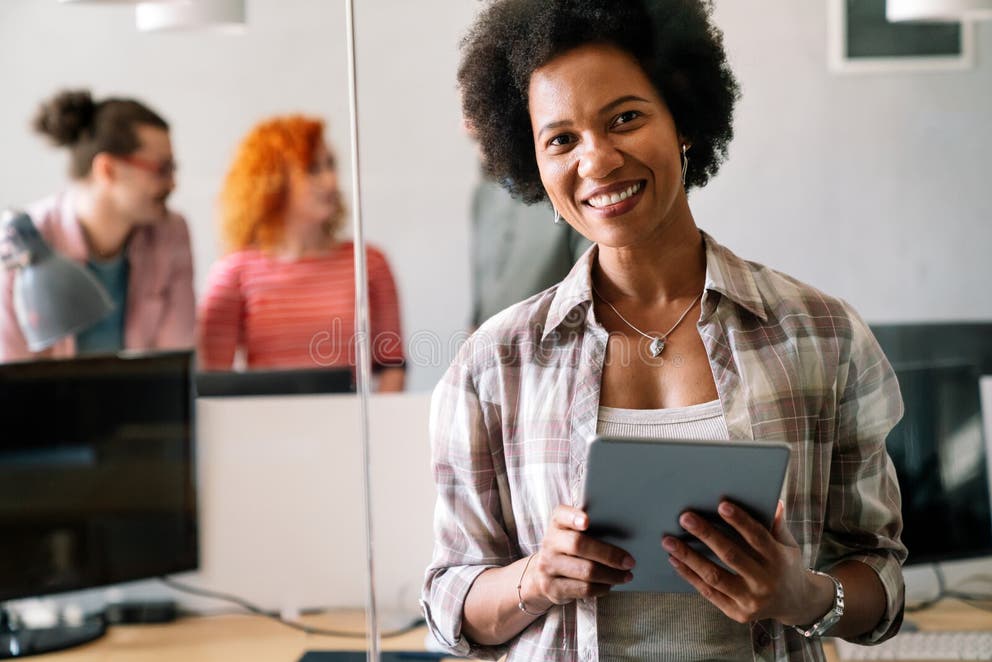 Software, Coding and Business Woman on Tablet Thinking of Data ...