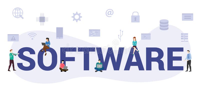 Software Concept with Modern Big Text or Word and People with Icon ...