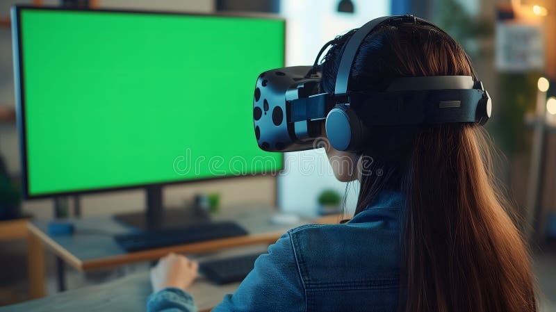 Software Developer Wearing Virtual Reality Headset Working with Green ...