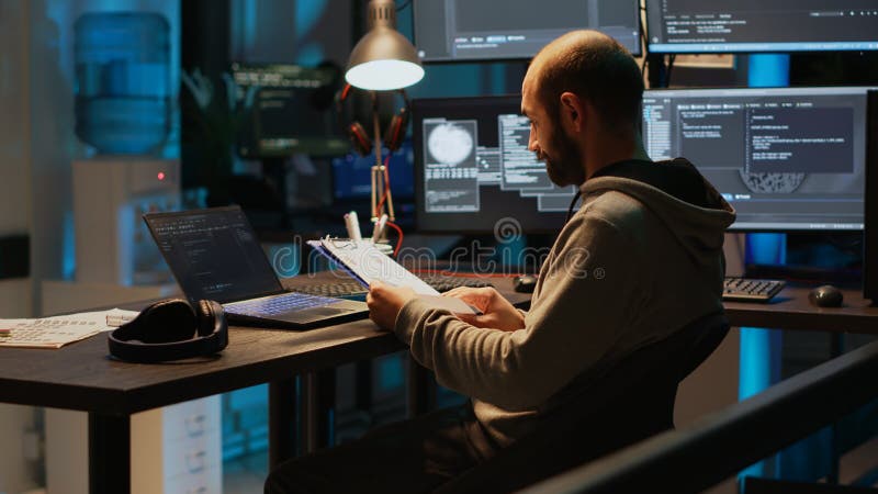 Software Developer Analyzing Web Data on Clipboard Papers and Screens ...