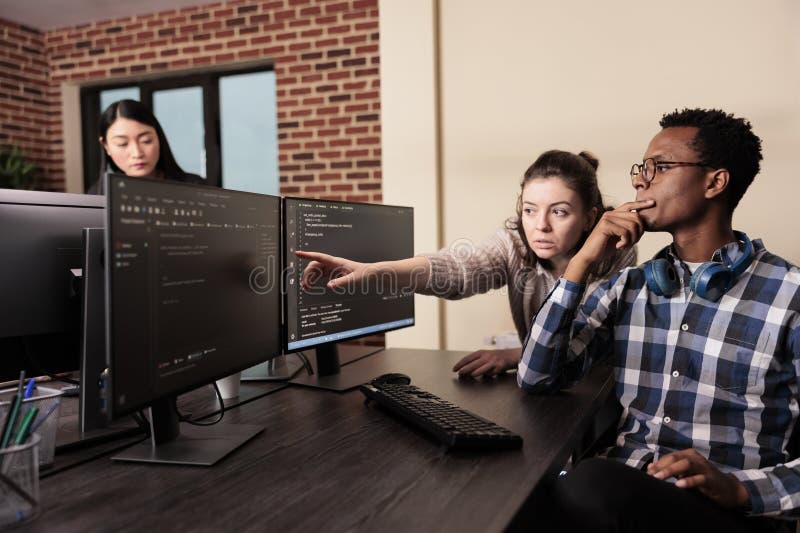 Software Developer Asking Coder For Help With Html Code Stock Image Image Of Business