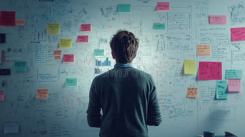 A Software Developer Brainstorming Ideas on a Whiteboard, Surrounded by ...