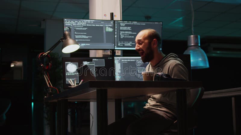 Software Developer Celebrating Coding Achievement and Typing Programming Code Stock Video ...