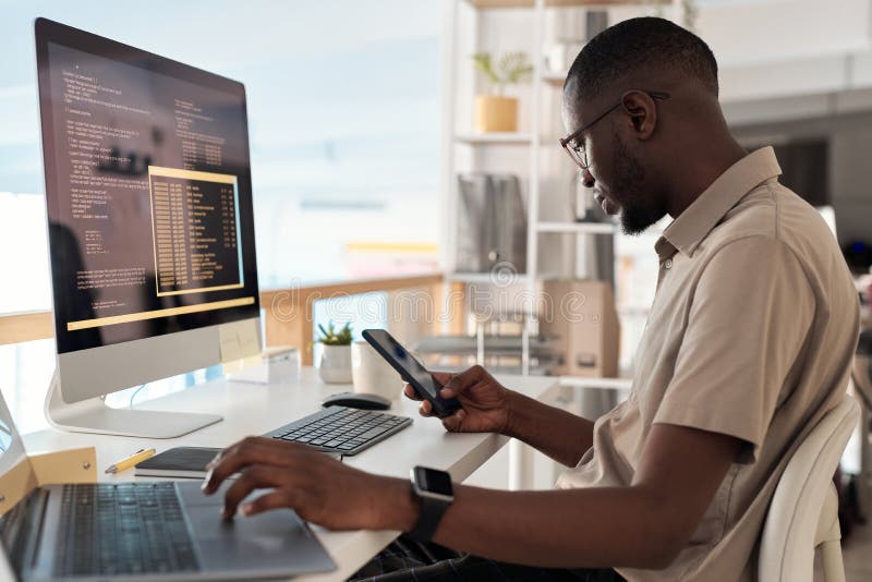 Developer Checking Text Messages Stock Image - Image of table ...