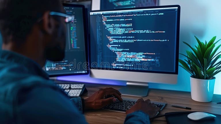 Software Developer, Coder Immersed in Coding, Working on Laptop. Innovation Driving Forward ...