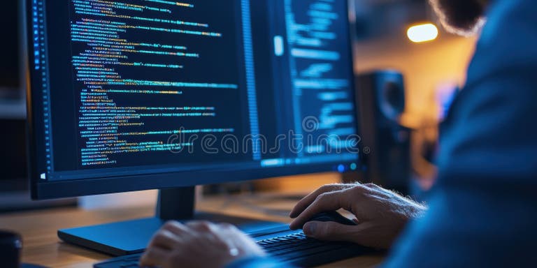 Software Developer, Coder Immersed in Coding, Working on Laptop. Innovation Driving Forward ...