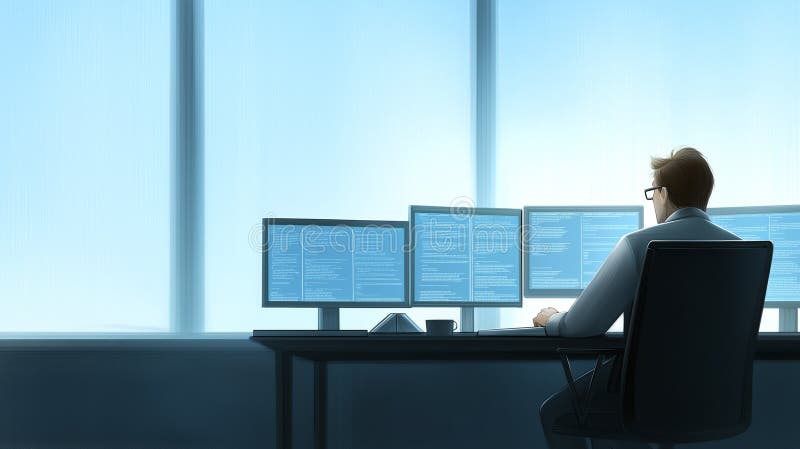 Software Developer Coding on Computers with Multiple Screens, Working ...