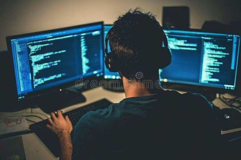 Software Developer Coding with Dual Monitors in a Dark Room Stock Image ... Software Developer Coding with Dual Monitors in a Dark Room Stock Image ...