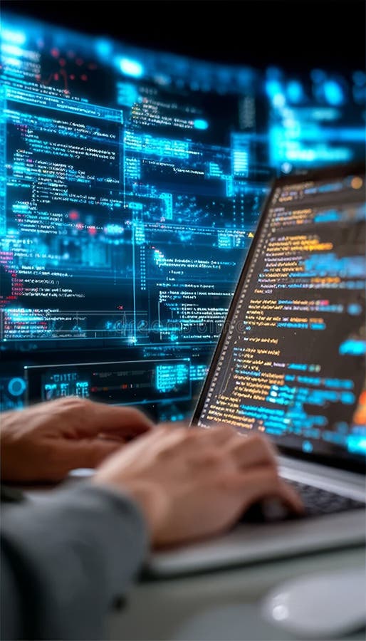 Software Developer Coding on Laptop in Modern Workspace, Engaged in ...